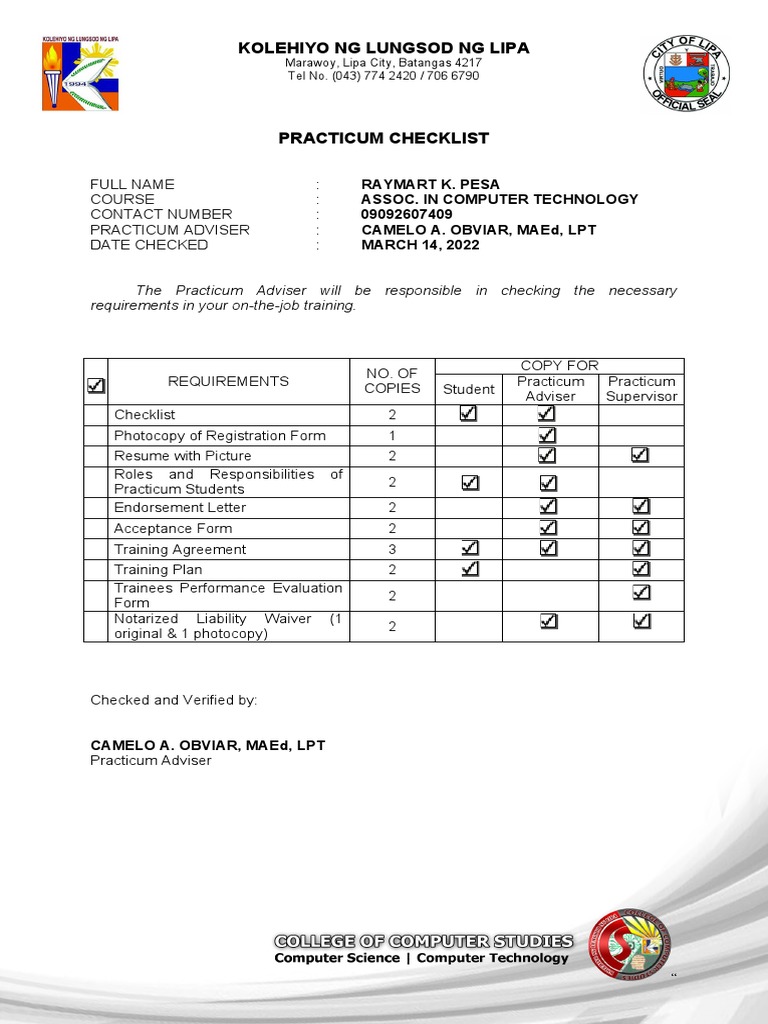 Lipa City College Practicum Checklist | PDF | Cognition | Behavior Modification