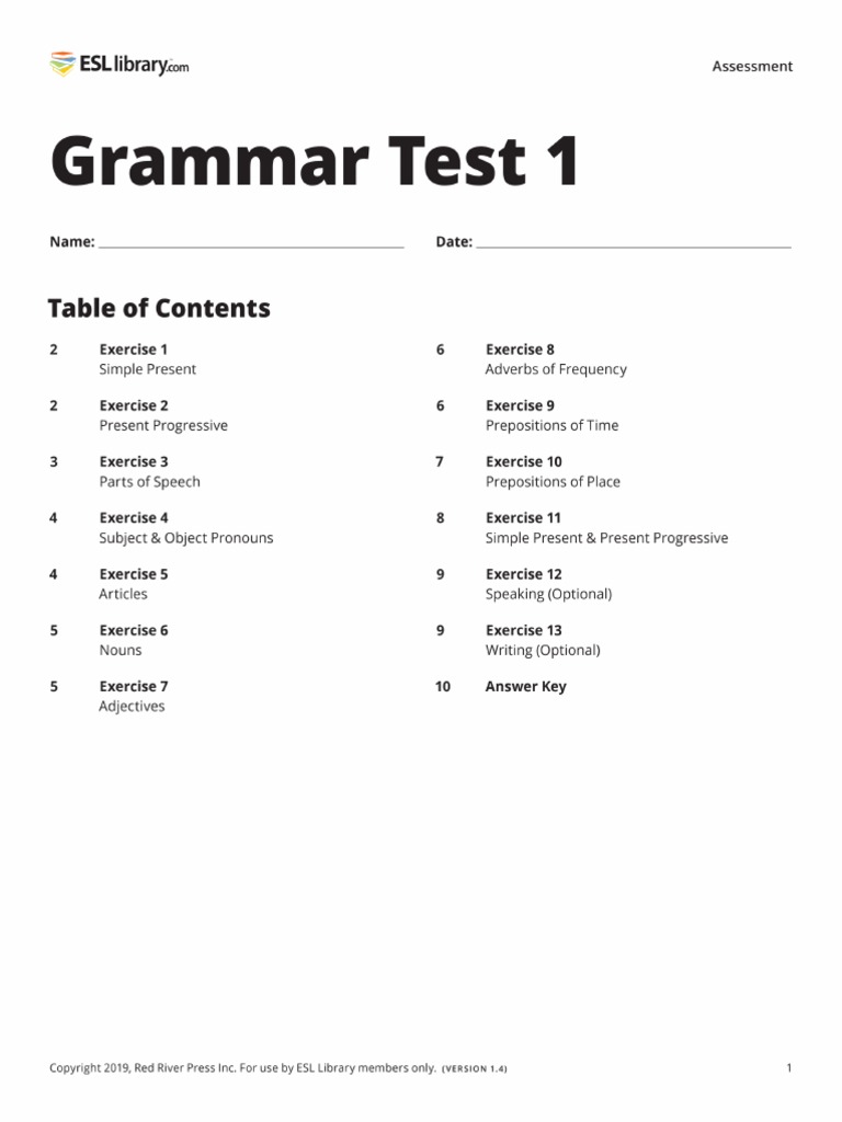 Grammar Test 1 - ESL Library | PDF