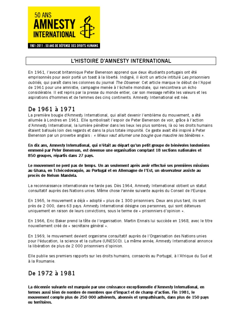 Amnesty International 50 Ans D'histoire | PDF | Amnesty International ...