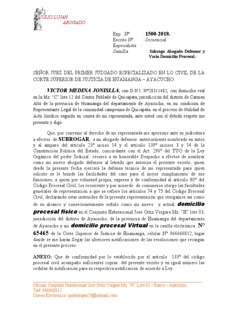 Subrogo Abogado Defensor | Descargar gratis PDF | Ley procesal | Juez