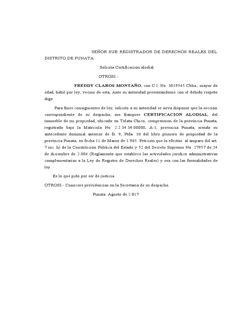 MEMORIAL DE SOLICITUD DE CERTIFICACION ALODIAL (Derechos Reales) | PDF