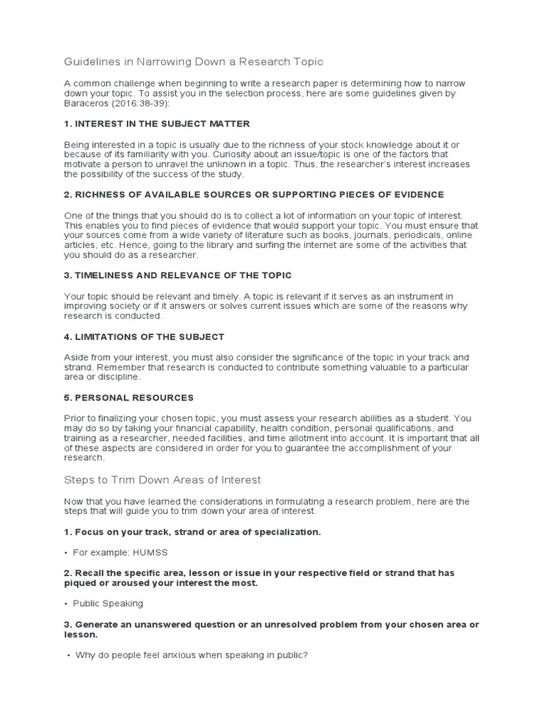 Guidelines for Narrowing Research Topics | PDF | Cognition | Cognitive ...