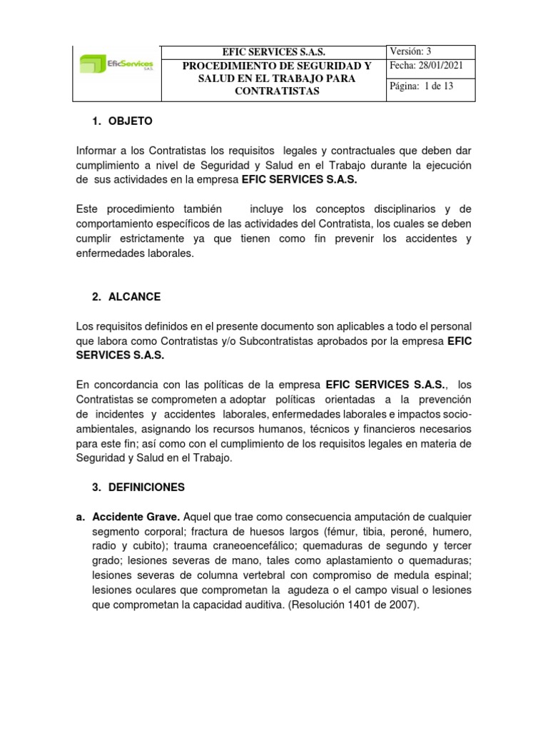 Procedimiento de SST para Contratistas | PDF
