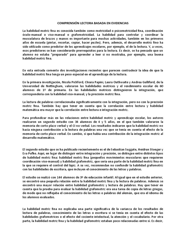 Motricidad Fina y Lectura Infantil | PDF | Comprensión lectora ...