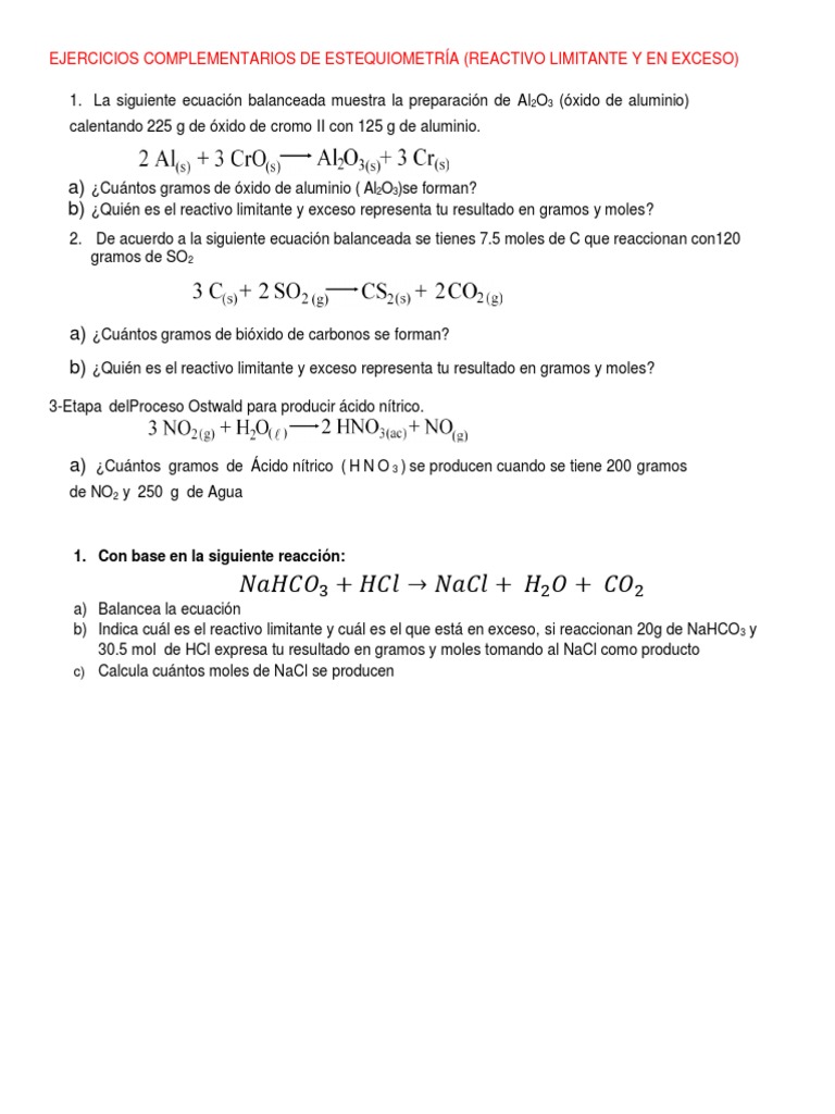 Ejercicios Complementarios de Reactivo Limitante y en Exceso 2 | PDF