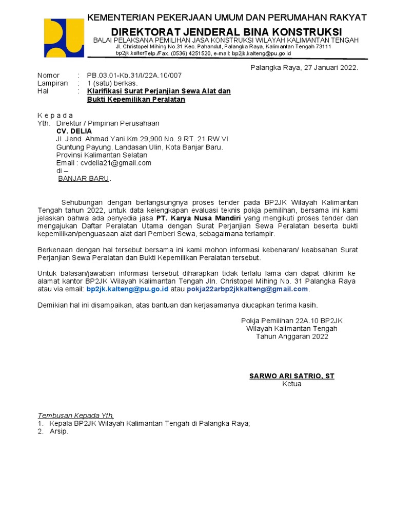 SRT KONFIRMASI ALAT SEWA To CV. DELIA - PT KNM | PDF