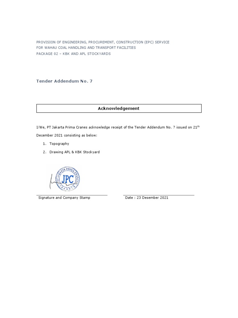 Acknowledgment Tender Addendum No.. 7 JPC | PDF
