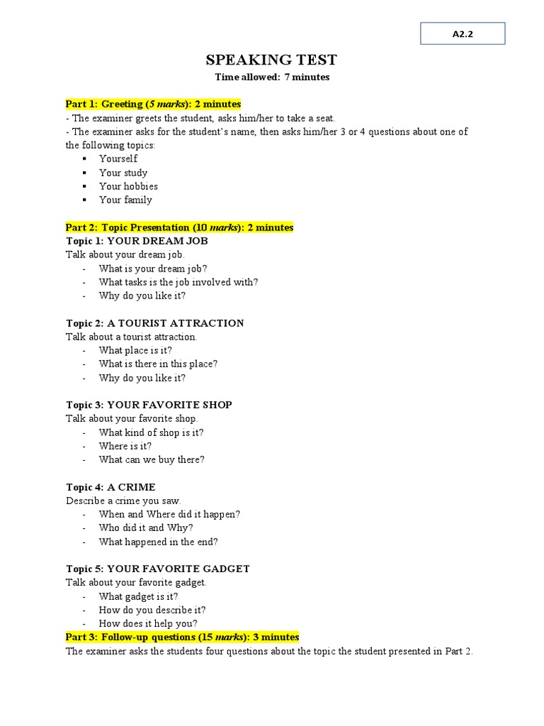 A2.2 Speaking Test Format Guide | PDF | Career & Growth | Language Arts ...