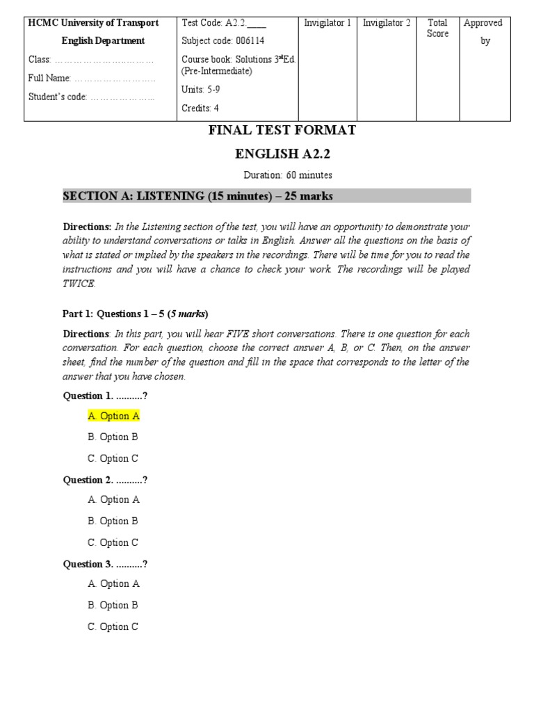 A2.2 English Final Test Format | PDF | Linguistics | Learning