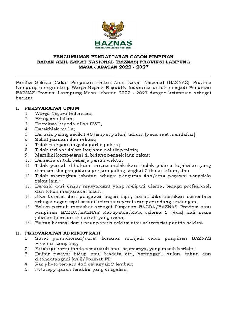Pengumumam Pendaftaran Calon Pimpinan BAZNAS Prov Lampung UNTUK | PDF ...