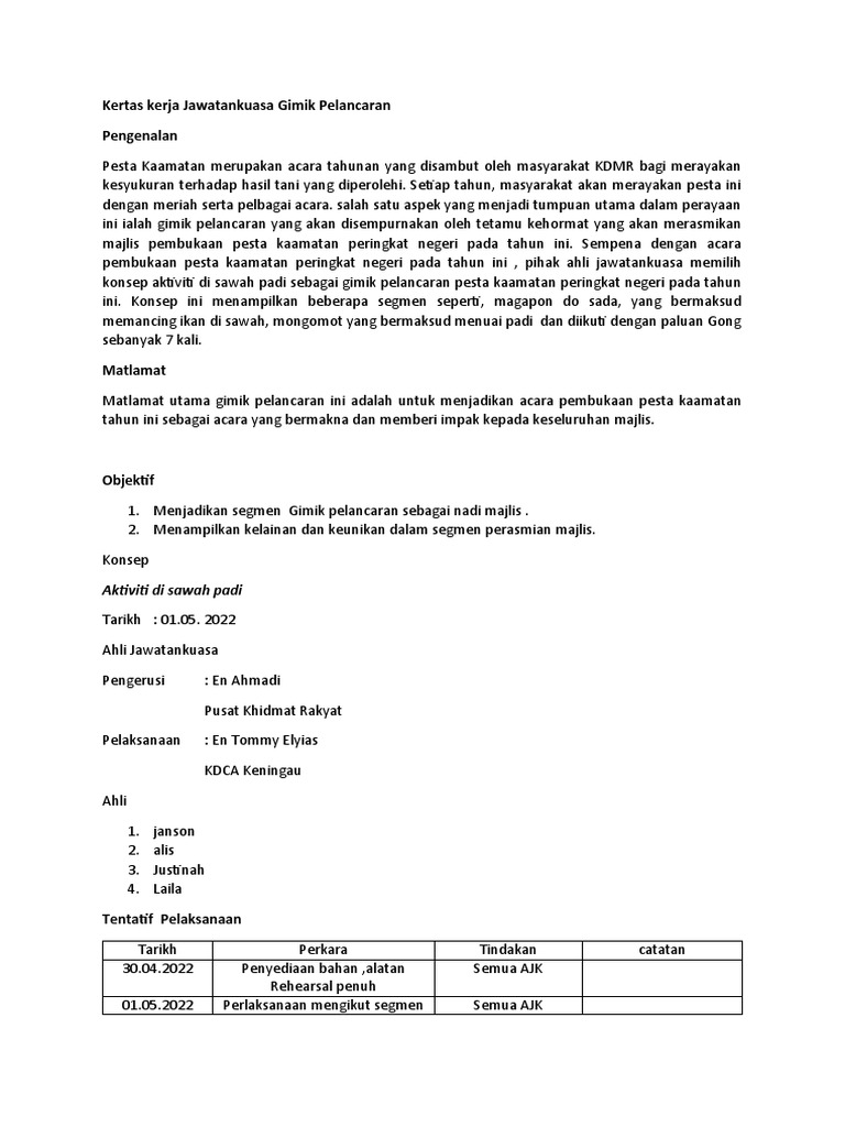 Kertas Kerja Jawatankuasa Gimik Pelancaran Contoh | PDF