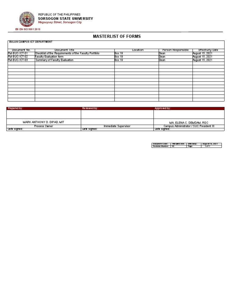 FM-QMS-004 Masterlist of Forms | PDF