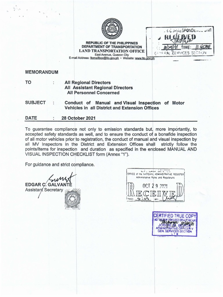 MEMO 10282021 Manual Visual Inspection | PDF | Steering | Mirror