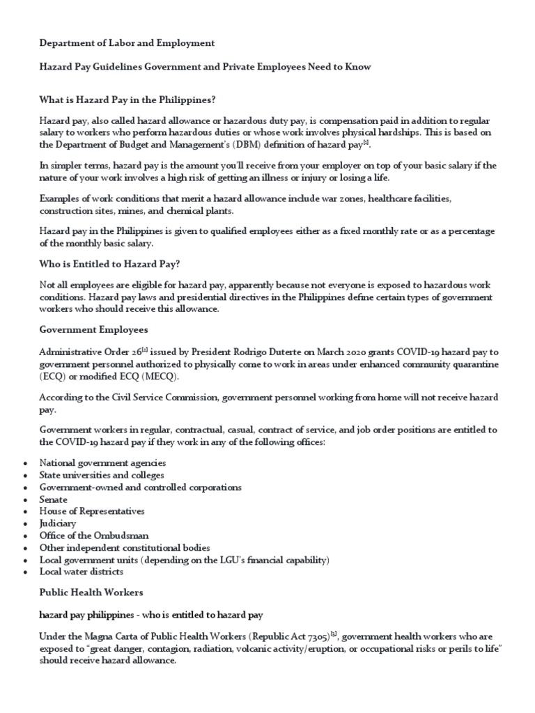 Department of Labor and Employment HAZARD PAY GUIDELINES | PDF ...