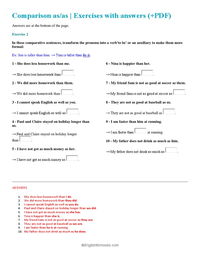 Comparison As/as - Exercises With Answers (+PDF) : Exercise 2 | PDF