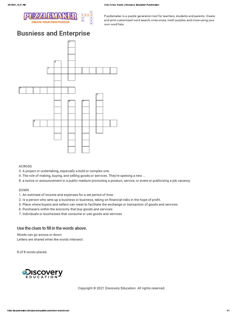 Criss Cross Puzzle - Discovery Education Puzzlemaker | PDF