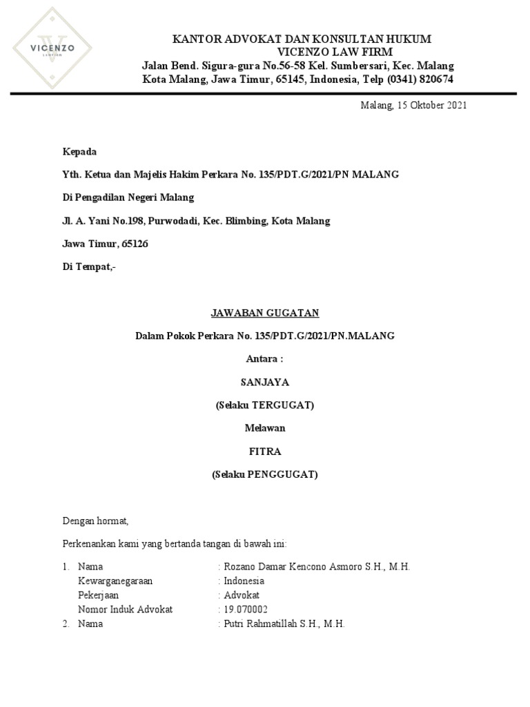 Perdata Surat Jawaban Gugatan Tergugat | PDF