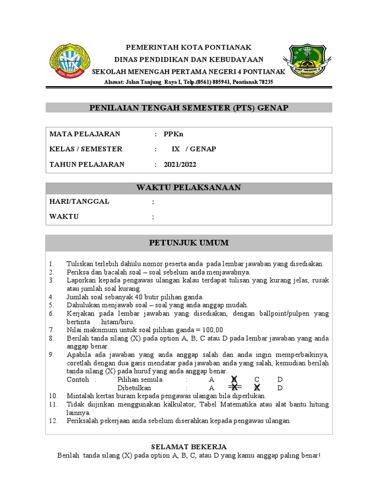 Soal Pts PKN Kelas 9 Genap 2021-2022 Dan Format | PDF