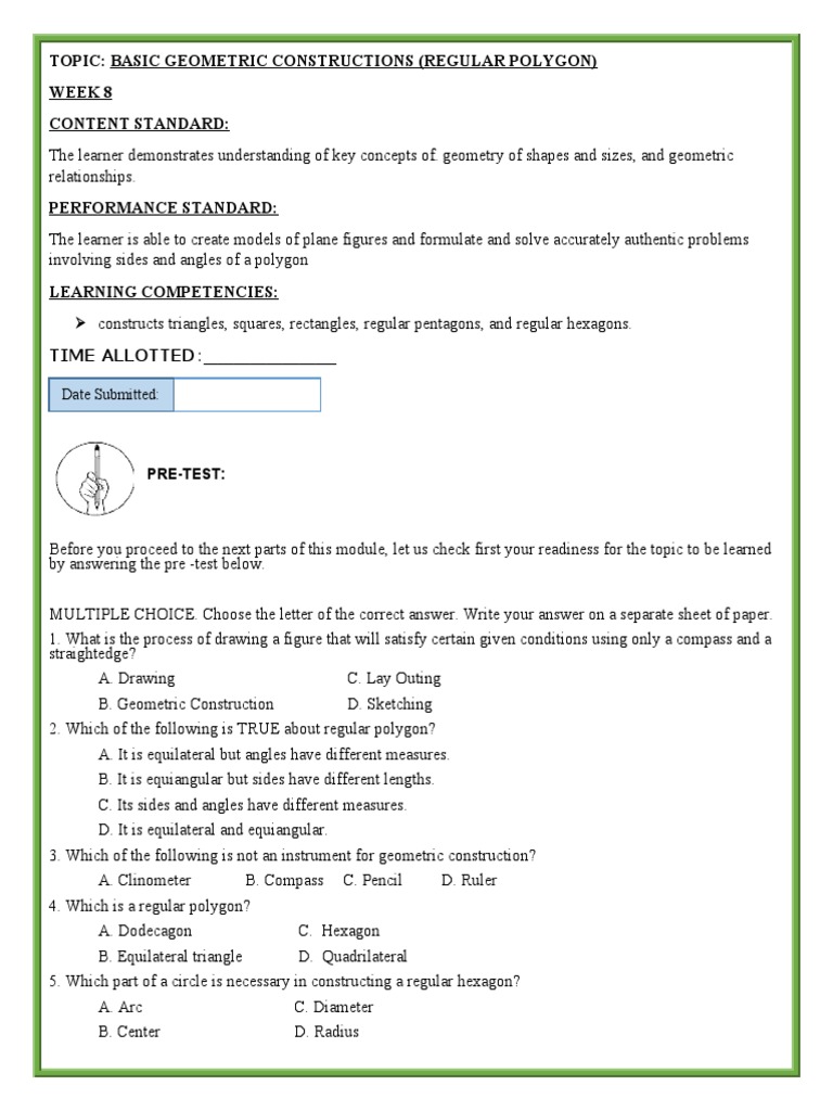 Topic: Basic Geometric Constructions (Regular Polygon) Week 8 Content Standard | PDF | Circle ...