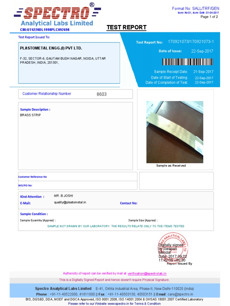 Test Report: Plastometal Engg. (I) PVT LTD | PDF | Chemistry
