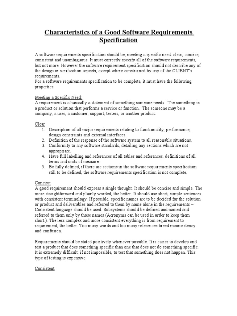 Characteristics of A Good Software Requirements Specification | PDF ...