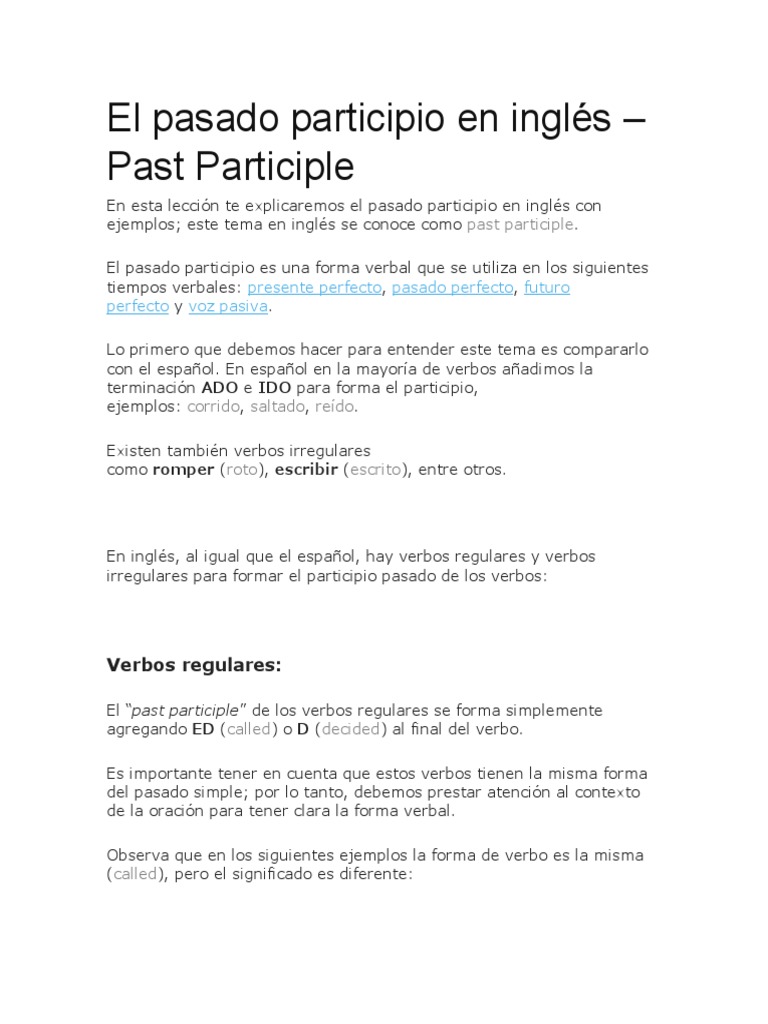 Pasado Participio en Inglés: Guía y Ejemplos | PDF | Artes del Lenguaje ...