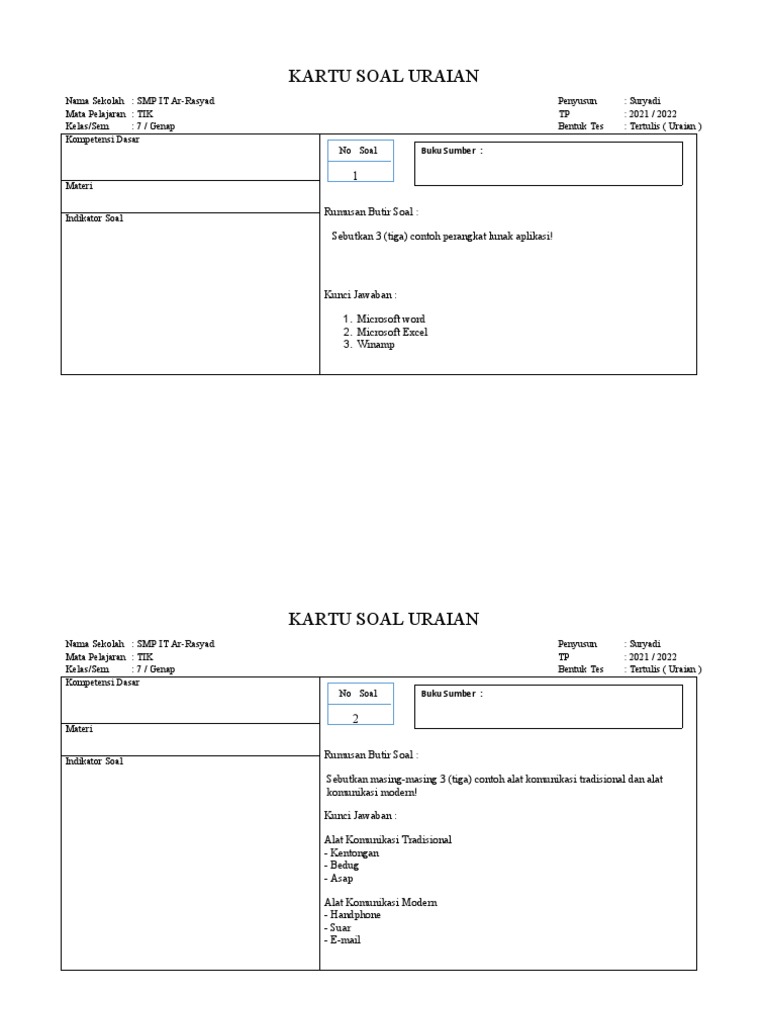 KARTU SOAL URAIAN - 7 Genap | PDF