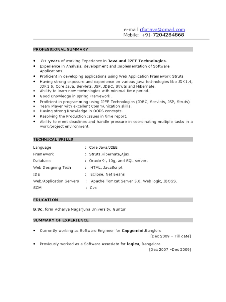 Java Resume | Java Server Pages | Java (Programming Language)