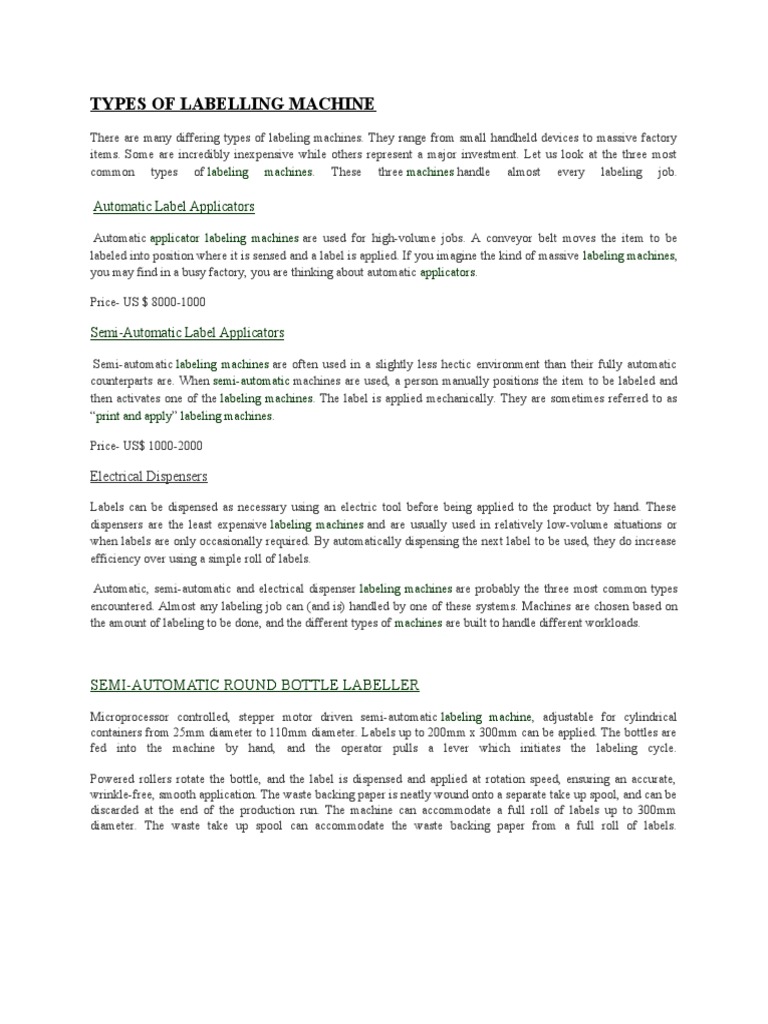 Types of Labelling Machine: Automatic Label Applicators | PDF | Printer ...