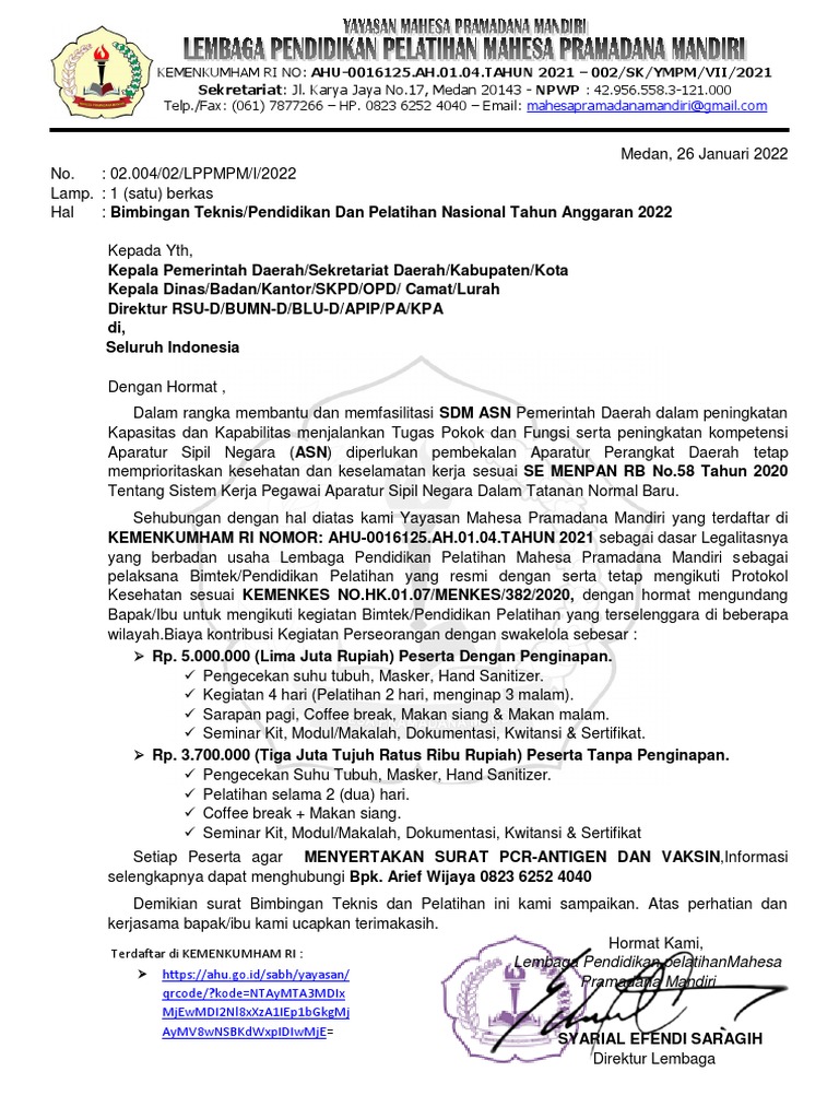 Surat Undangan Bimtek-Diklat 2022.II | PDF