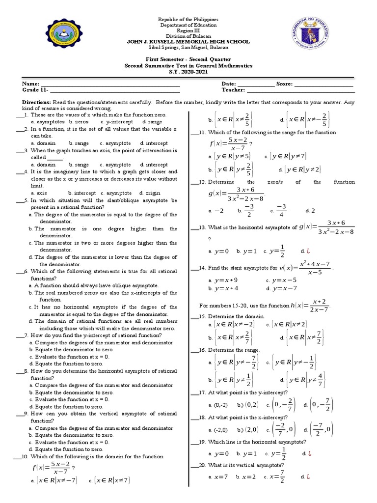 General Math Summative Test Grade 11 | PDF | Asymptote | Function ...
