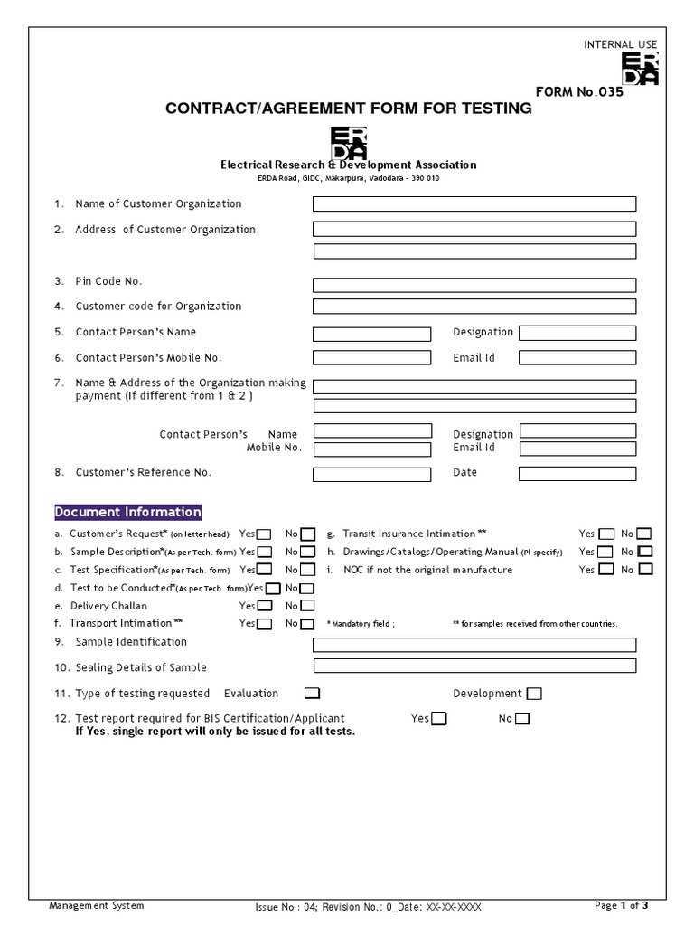 Contract/Agreement Form For Testing: Electrical Research & Development ...