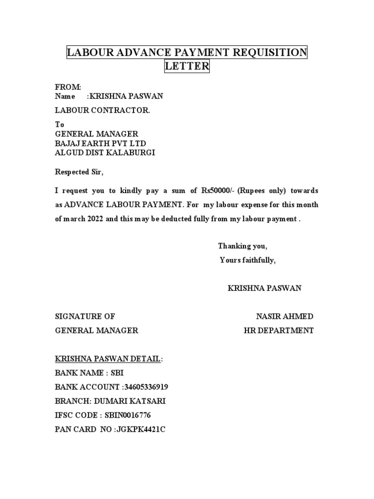 Advance Contractor Payment Letter | PDF