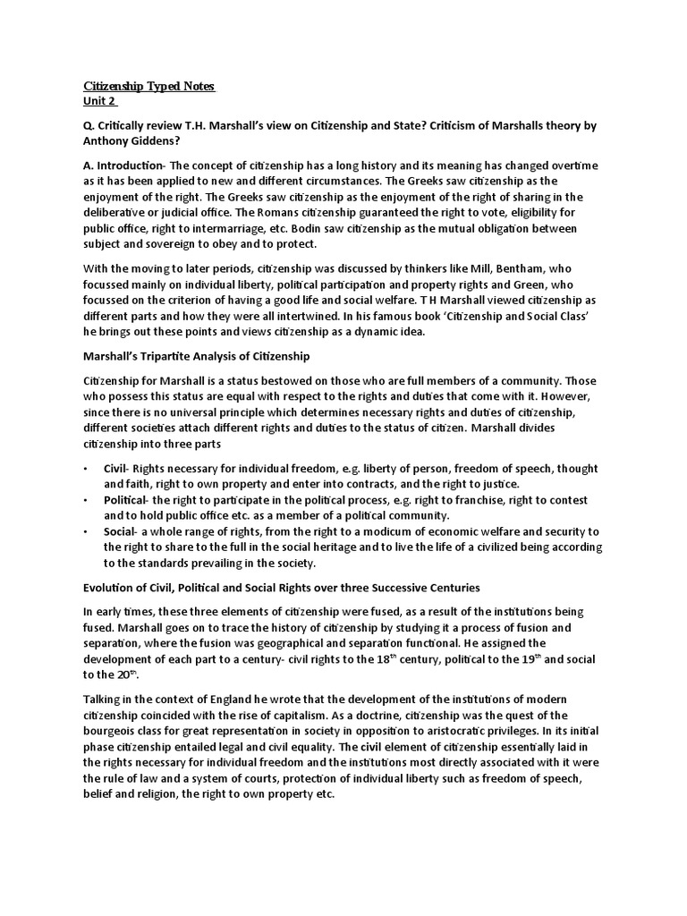 Citizenship Typed Notes | PDF | Citizenship | State (Polity)