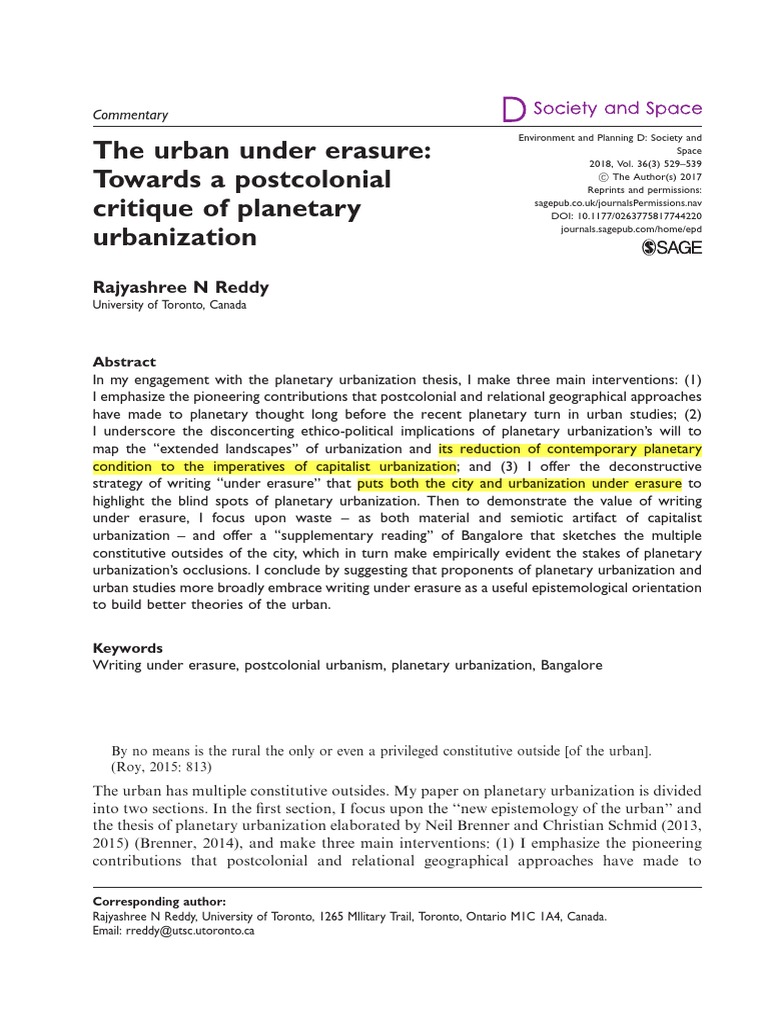 The Urban Under Erasure Towards A Postcolonial Critique of Planetary ...