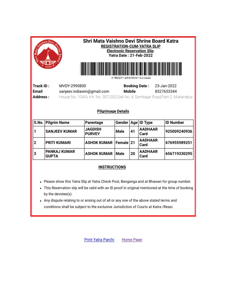 Shri Mata Vaishno Devi Shrine Board - Yatra Parchi Services | PDF