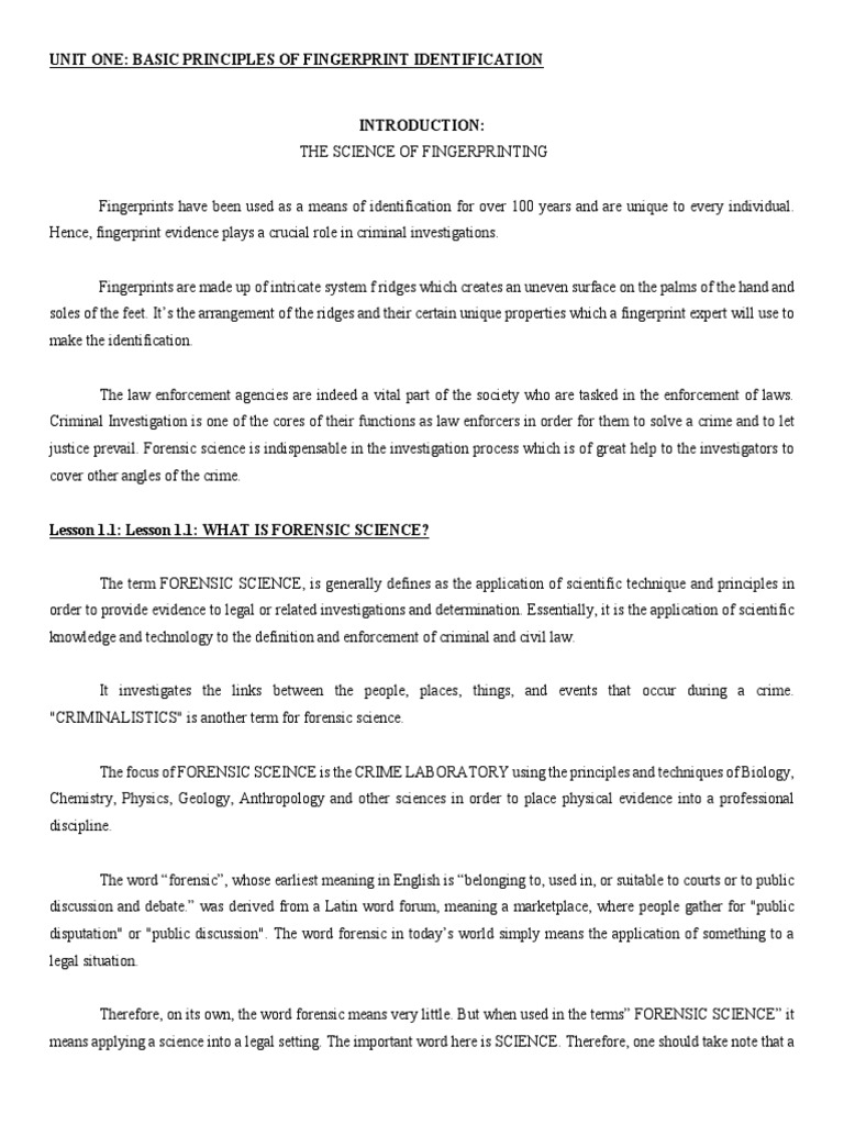 Unit One: Basic Principles of Fingerprint Identification | PDF ...