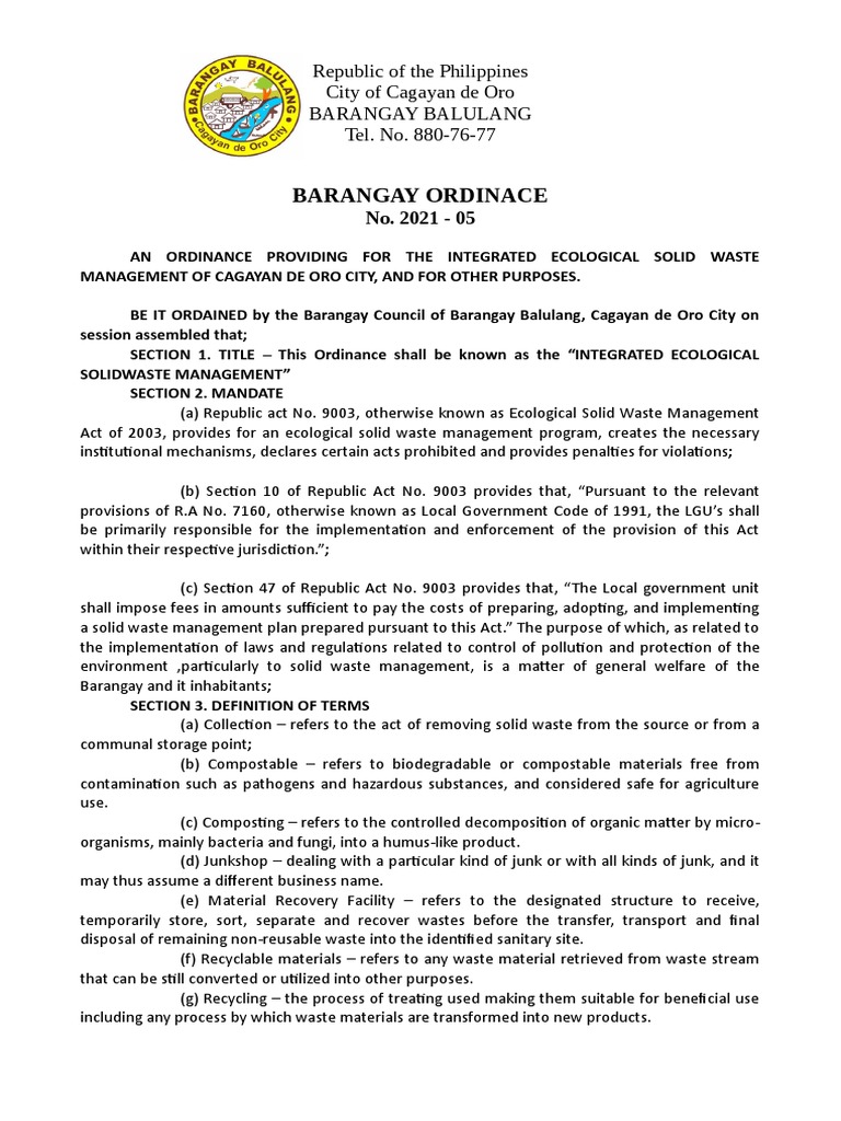 Barangay Ordinace: Republic of The Philippines City of Cagayan de Oro ...