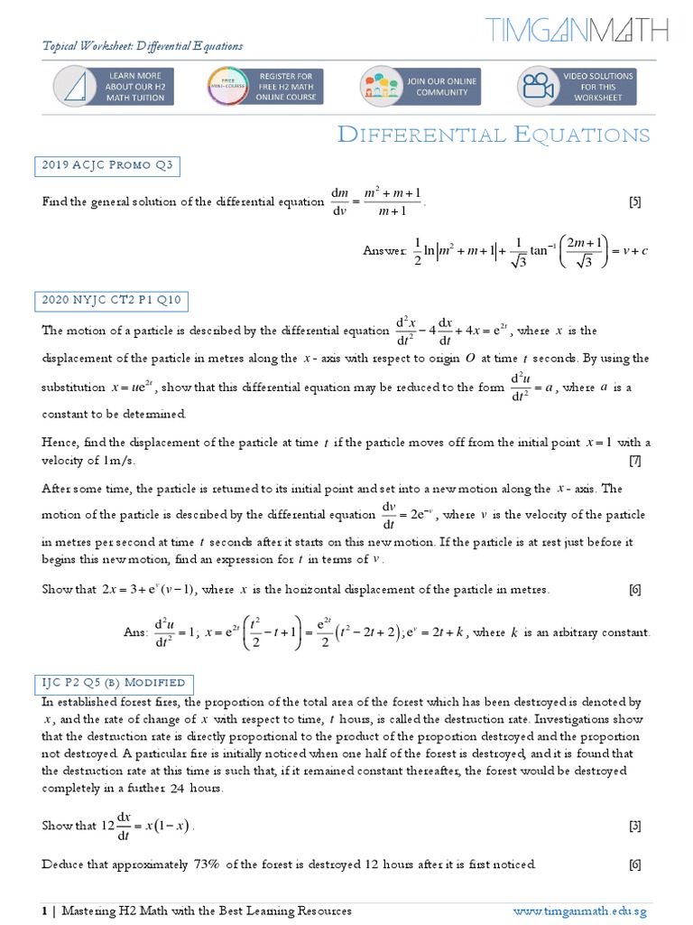 H2 Math Topical Worksheet (Differential Equations) | PDF | Volume ...