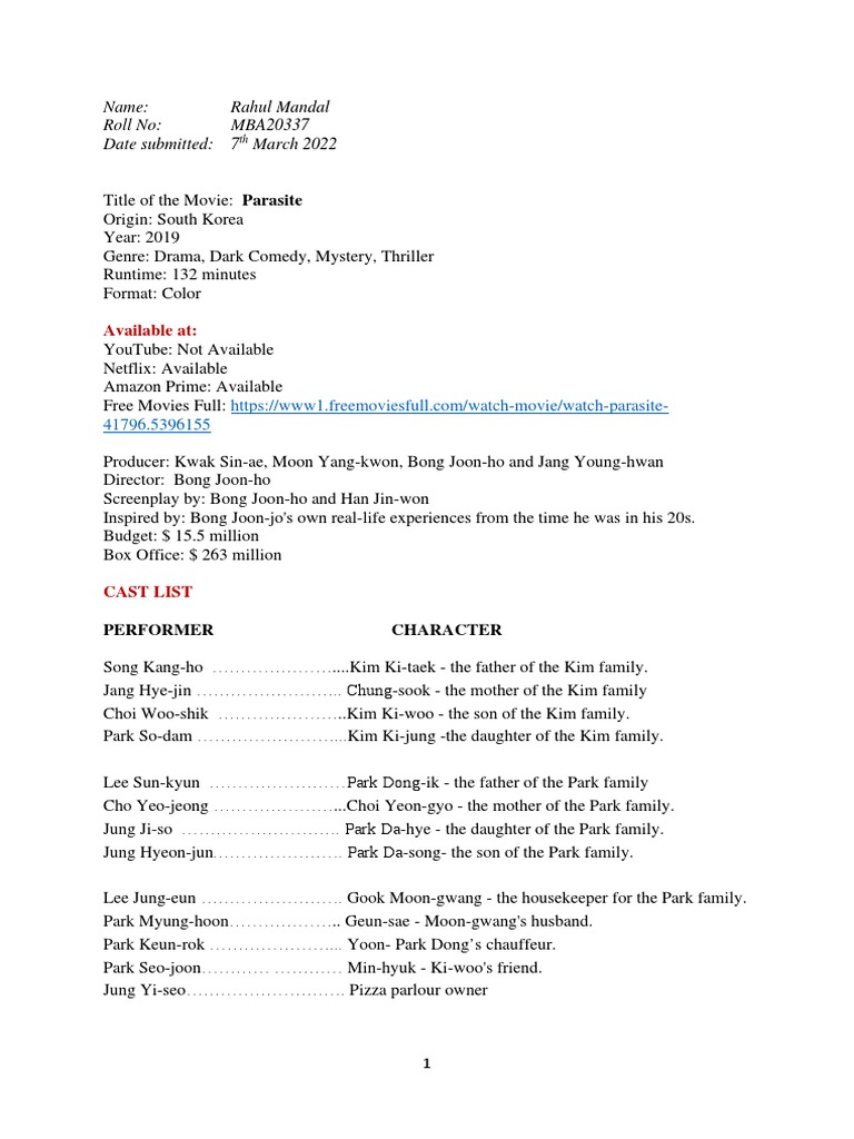 Parasite (2019) - Movie Analysis | PDF