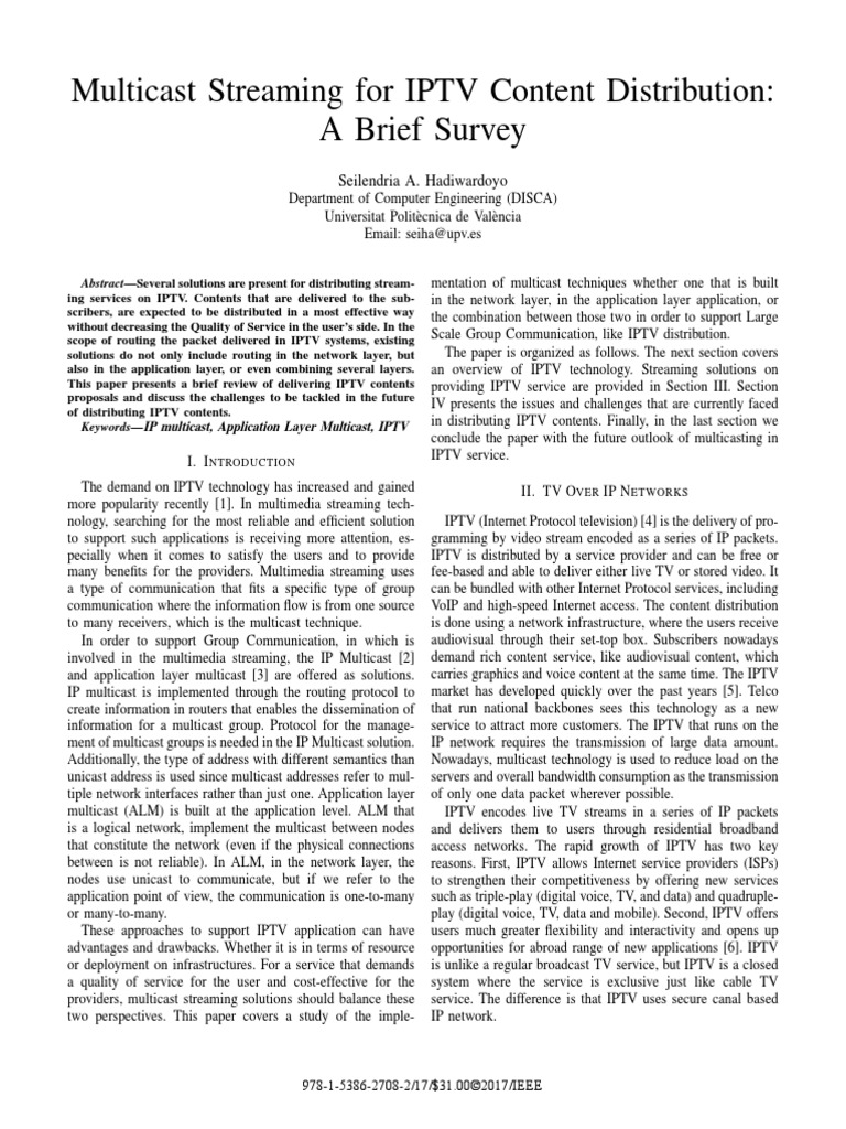 Multicast Streaming For IPTV Content Distribution: A Brief Survey | PDF | Multicast | Computer ...
