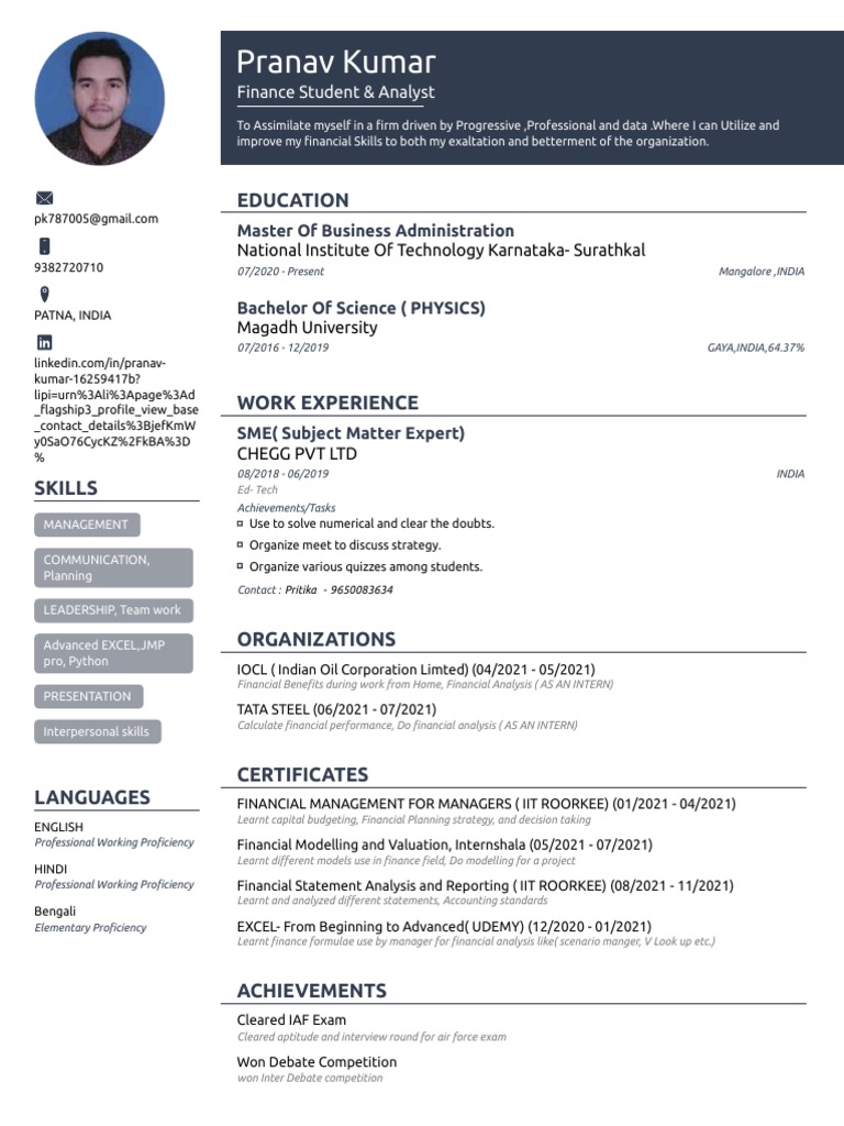 Pranav's Resume | PDF | Business | Cognition