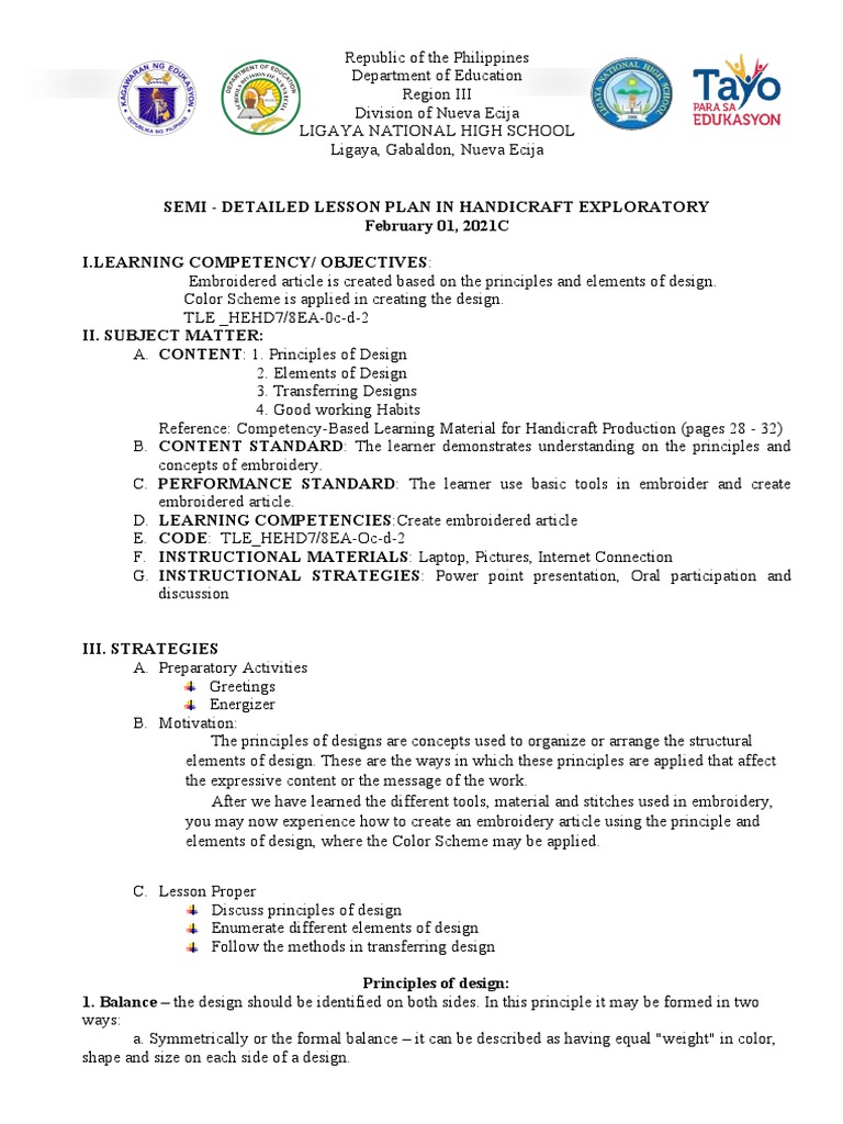 Handicraft Lesson Plan | PDF | Color | Embroidery