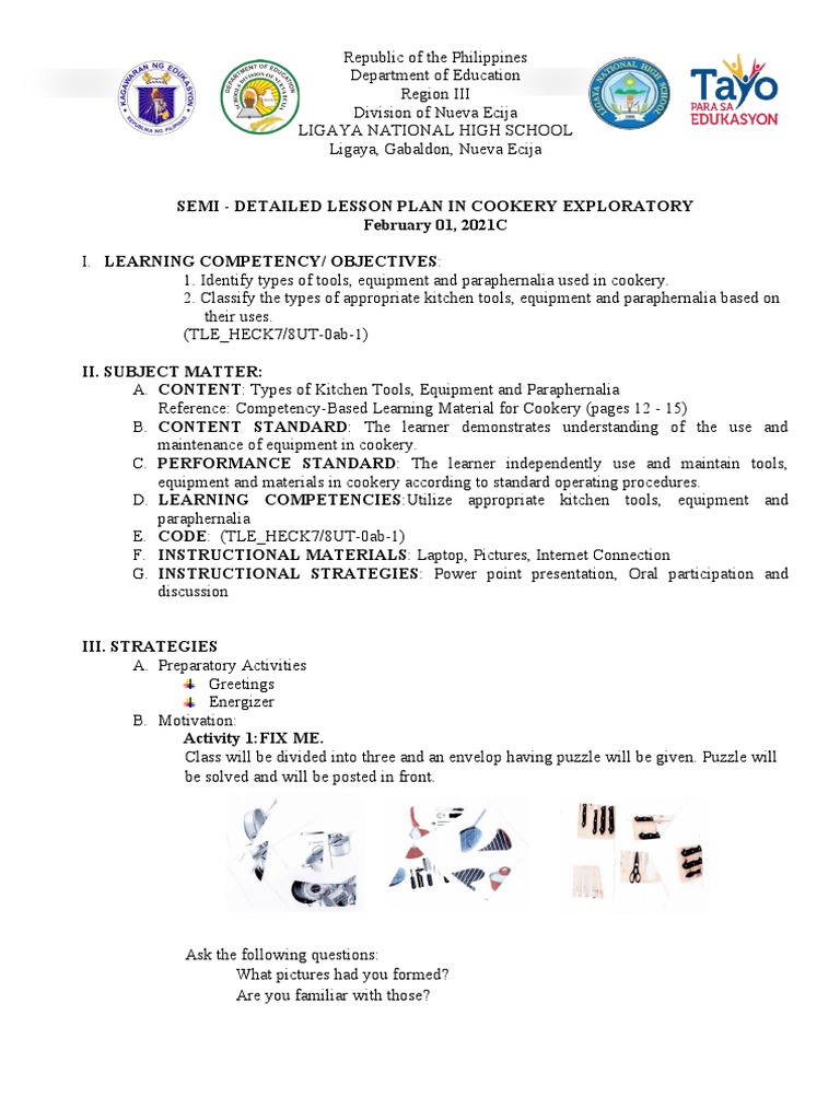 Cookery Lesson Plan | PDF | Lesson Plan | Foods