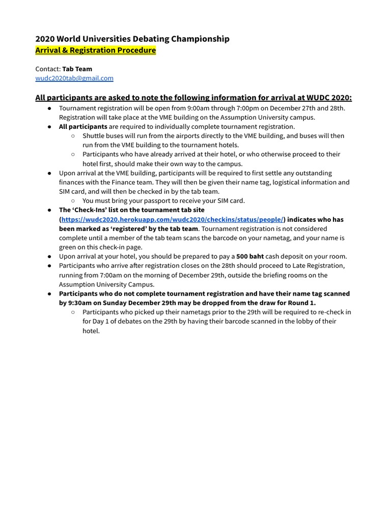 WUDC 2020 Arrival & Registration Procedure | PDF
