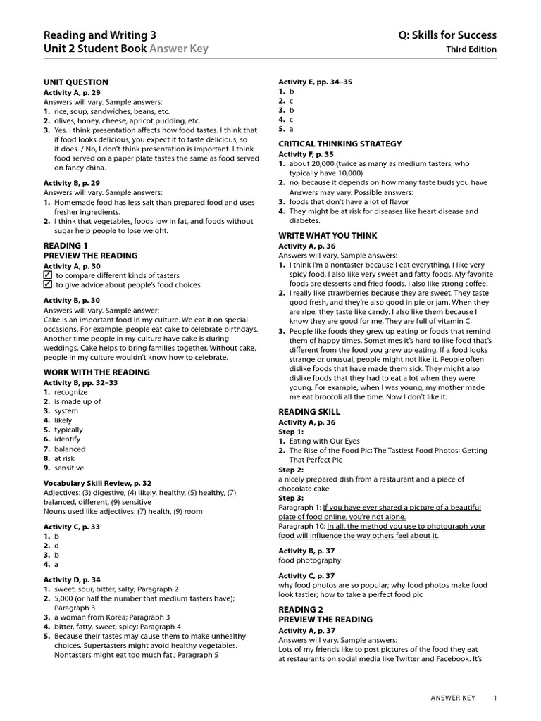 Unit 2 - Answer Key | PDF | Foods | Taste