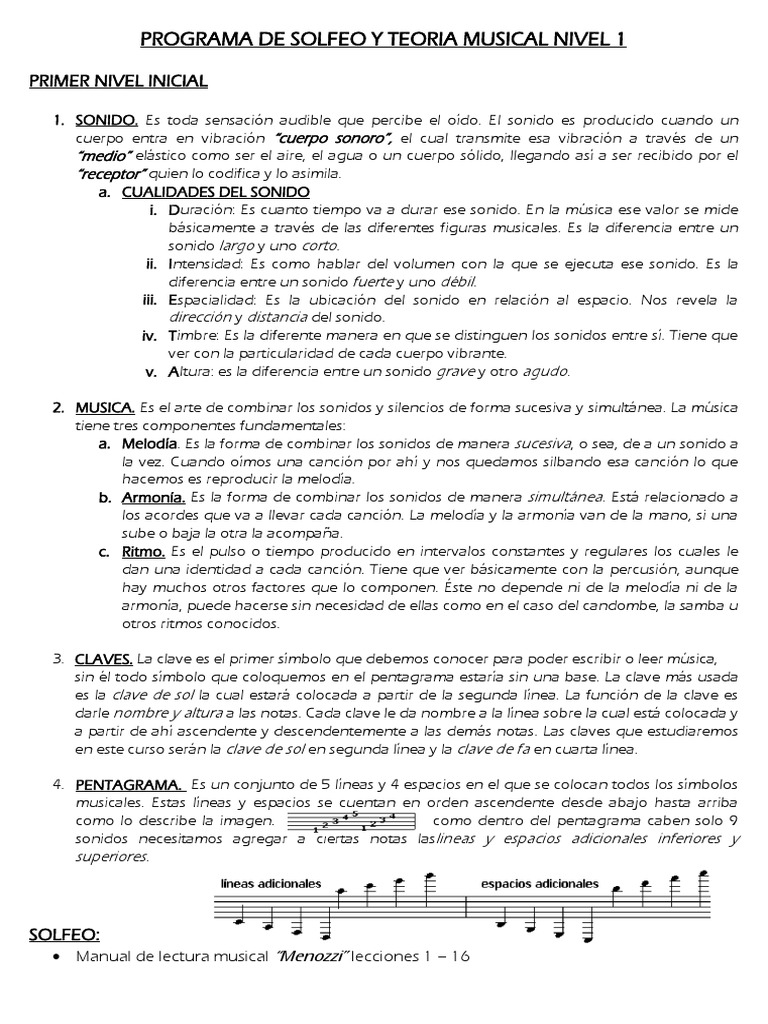 Programa de Solfeo y Teoria Musical Nivel 1 | PDF | Sonido | Clave