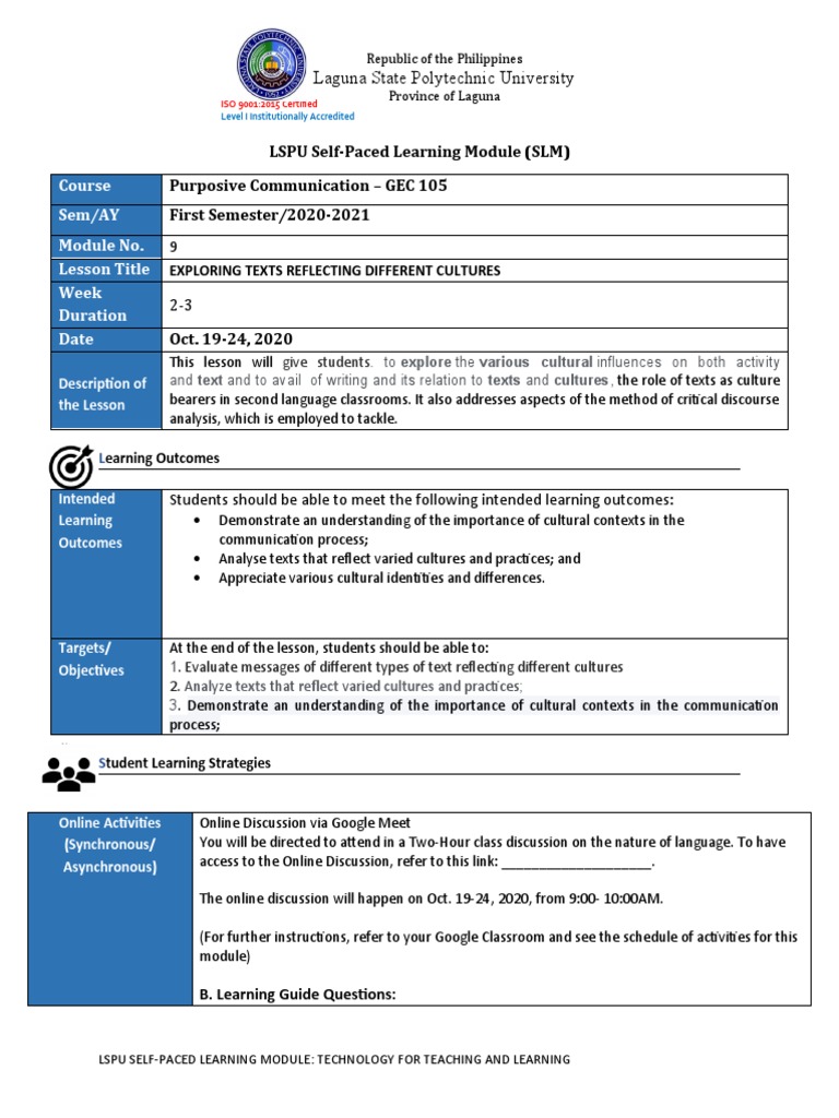 LSPU Self-Paced Learning Module (SLM) Purposive Communication - GEC 105 First Semester/2020-2021 ...