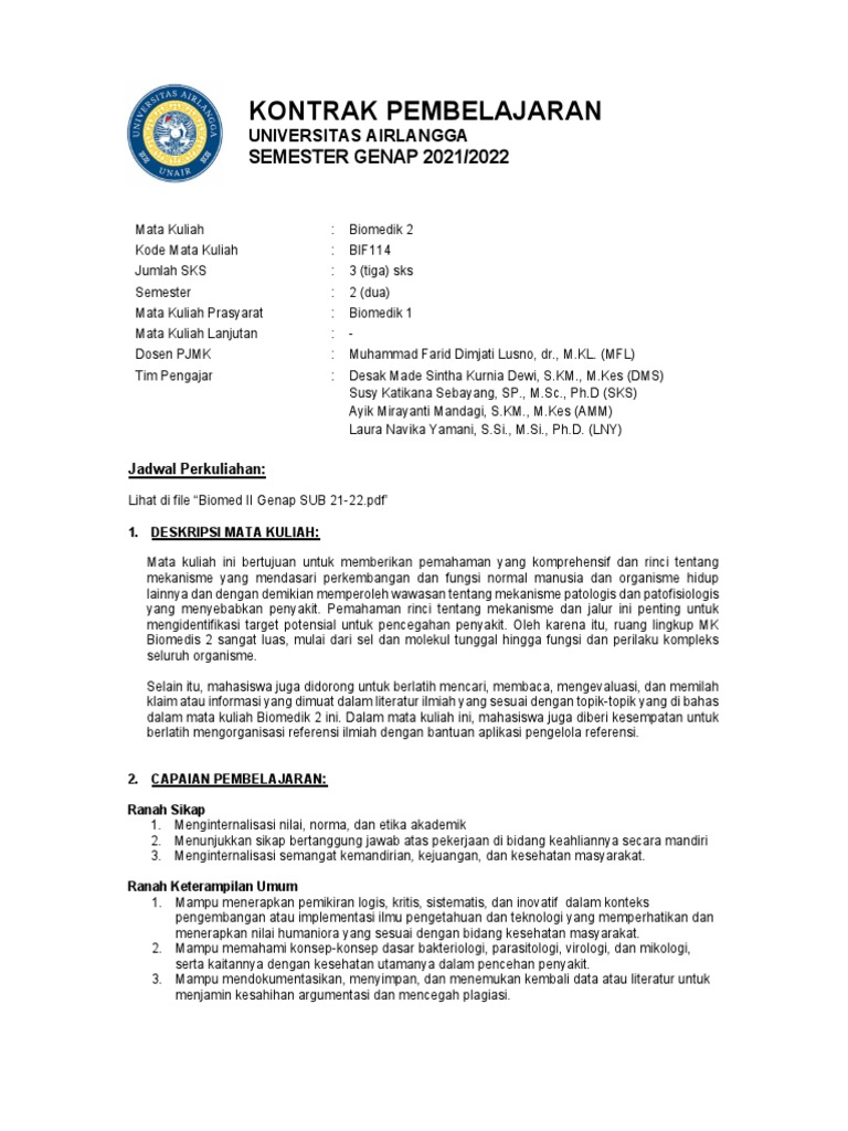 Kontrak Pembelajaran Biomedik 2 Unair | PDF | Sains & Matematika