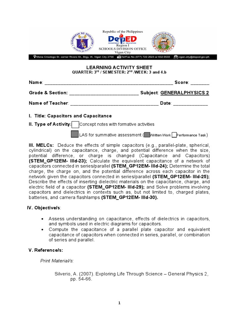 Capacitors and Capacitance Learning Activity | PDF | Capacitor | Capacitance